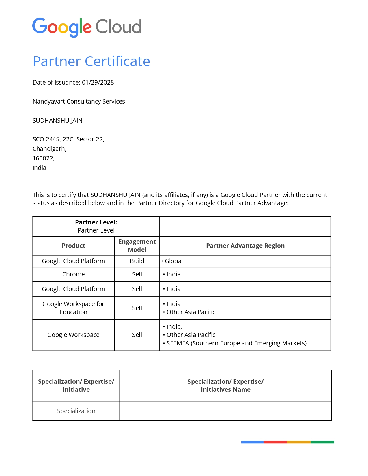 Google Partner Certificate for Nandyavart Consultancy Services